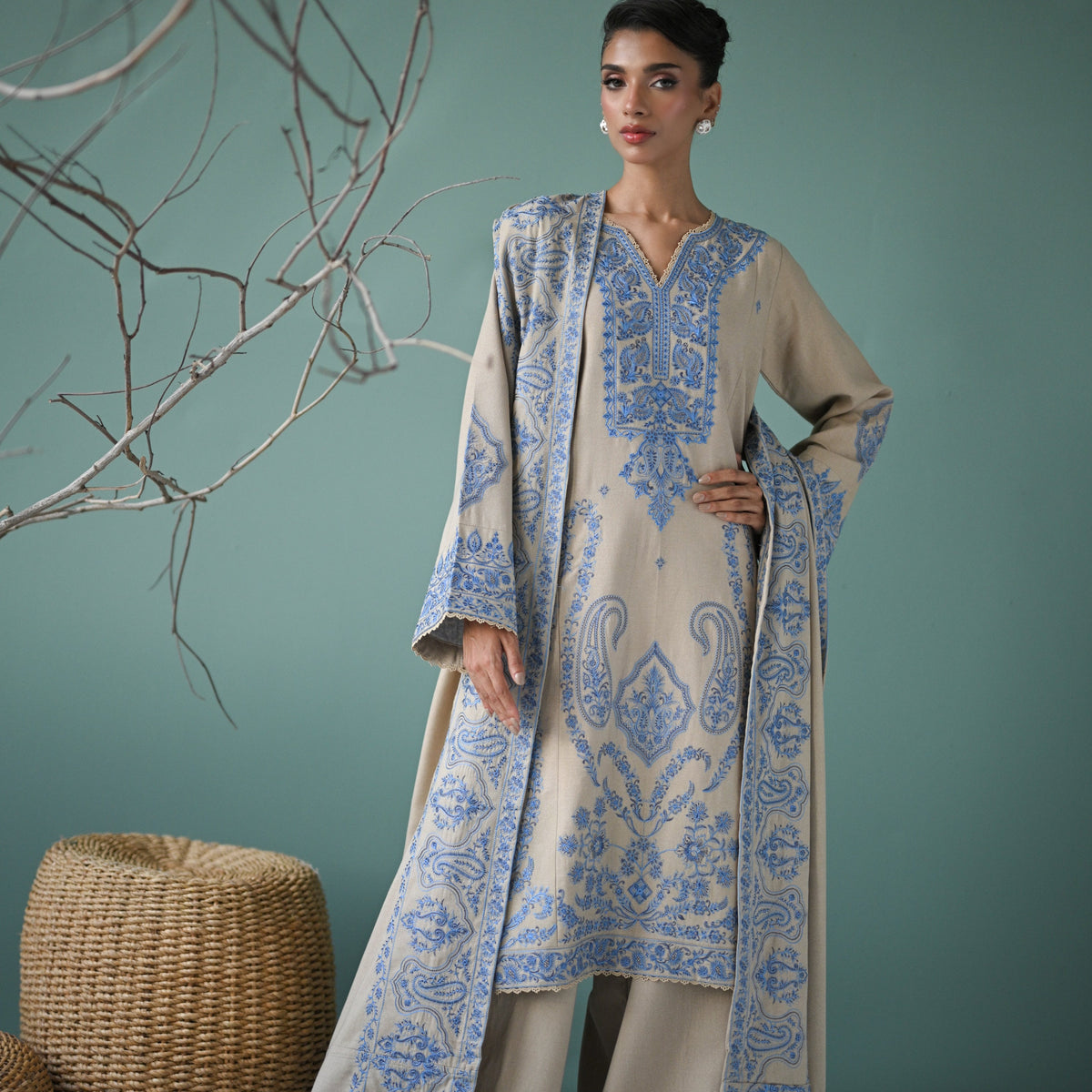 IVORY BEIGE LUXURY EMBROIDERED KARANDI SET (NEL-24638) – ZAIB